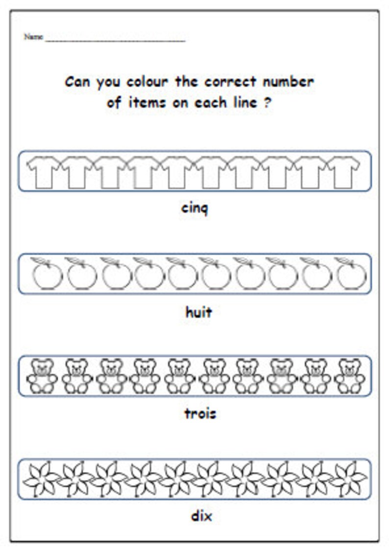 COUNTING & COLOURING SHEET With French Printable / Kids Worksheet ...