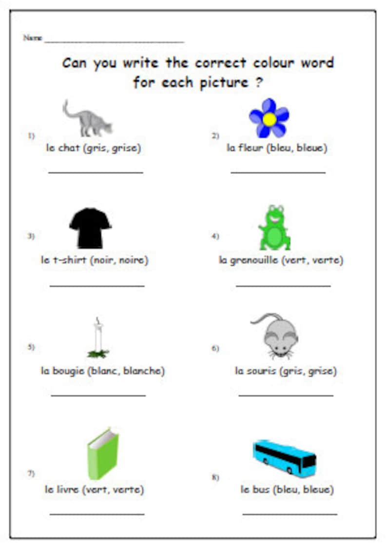 Colour Words FRENCH WORKSHEET With Masculine & Feminine Version,colour ...