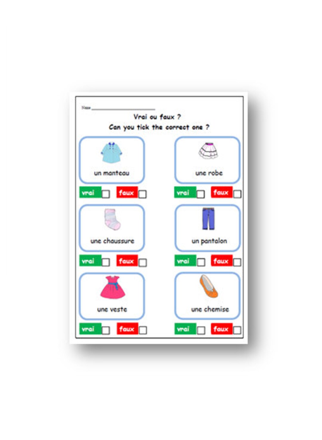 FRENCH PRINTABLE ACTIVITY to Learn Names of Clothes, Kids Learning ...