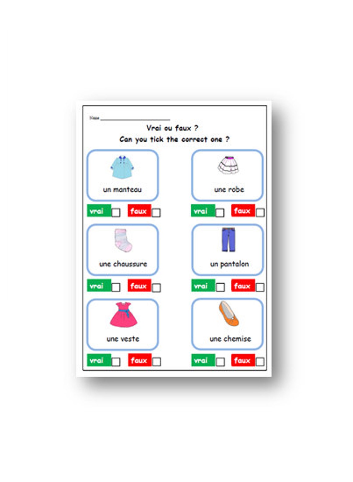 FRENCH PRINTABLE ACTIVITY to Learn Names of Clothes, Kids Learning ...