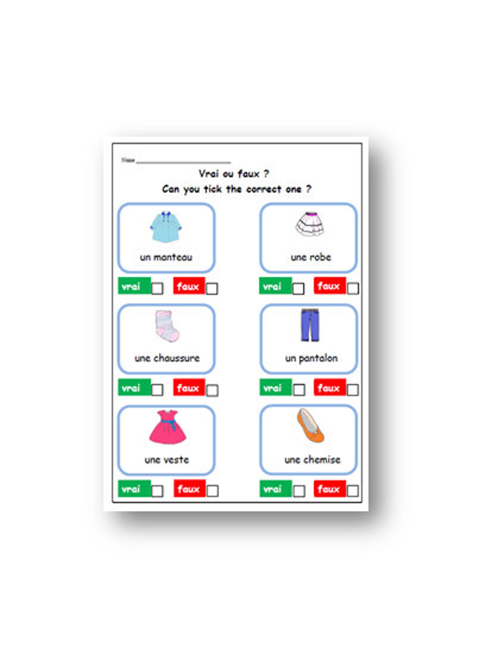 FRENCH PRINTABLE ACTIVITY to Learn Names of Clothes, Kids Learning ...