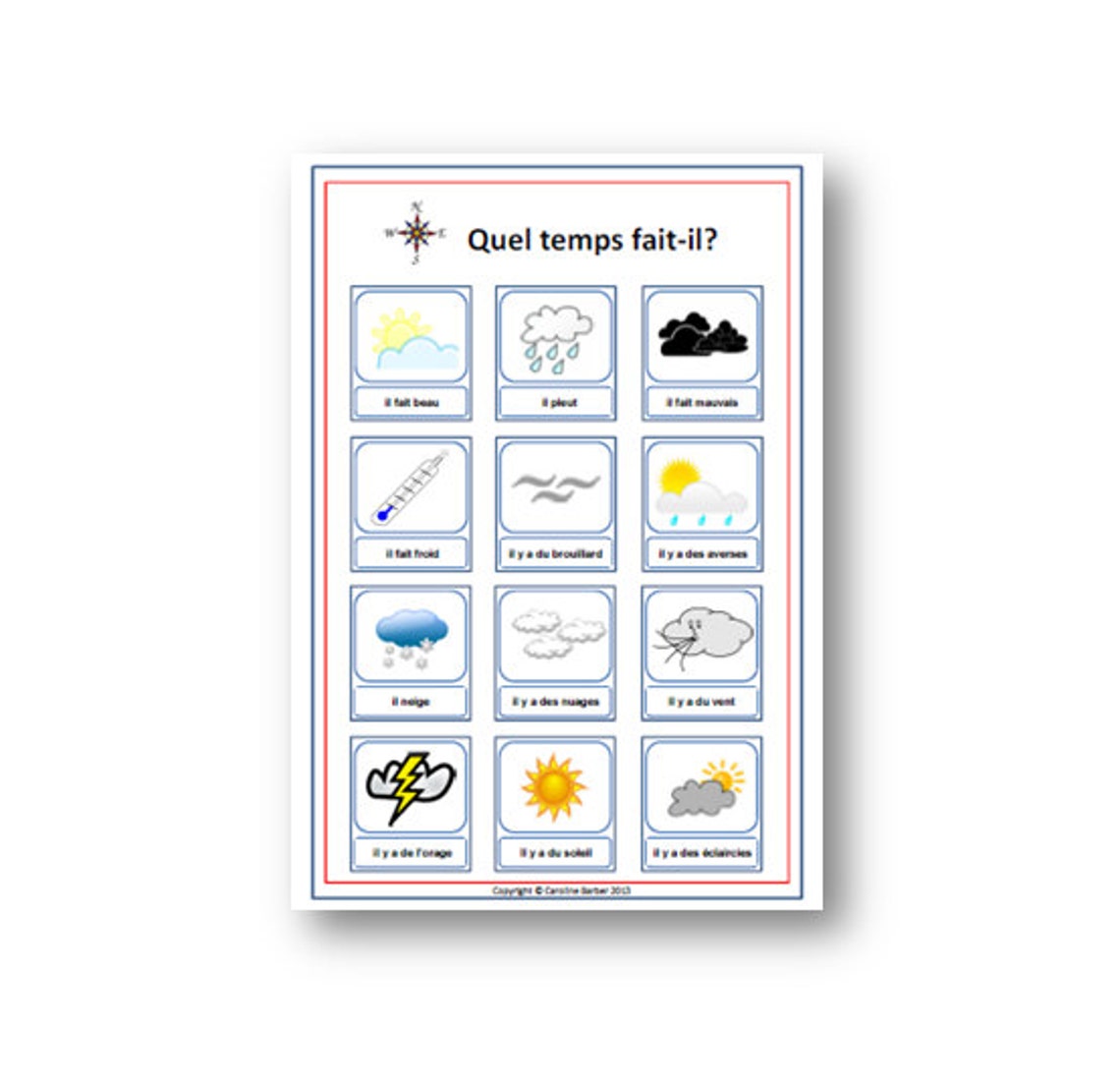 THE WEATHER Vocabulary French Poster Educational Printable / French ...