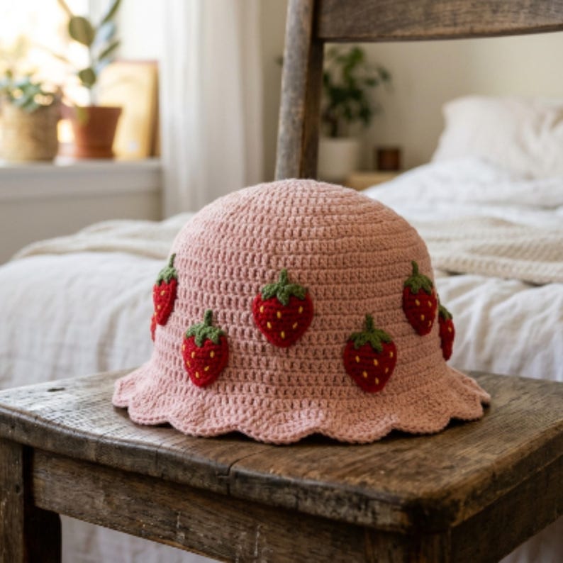 Crochet Strawberry Bucket Hat Pattern, Cottagecore Scalloped Brim PDF ...