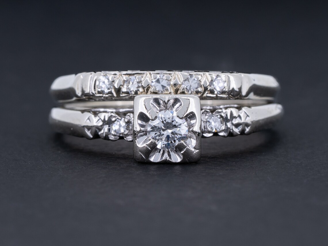 Vintage Diamond Engagement Ring Wedding Set by Princess 14k White Gold ...
