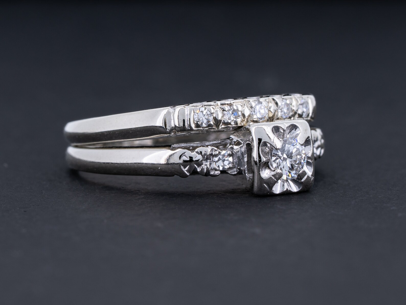 Vintage Diamond Engagement Ring Wedding Set by Princess 14k White Gold ...