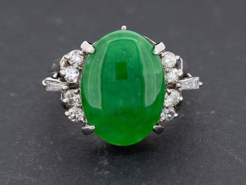 Green Jade Type B and Diamond Ring in Platinum 17 X 12 Mm Jadeite ...