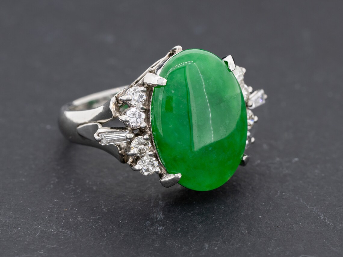 Green Jade Type B and Diamond Ring in Platinum 17 X 12 Mm Jadeite ...