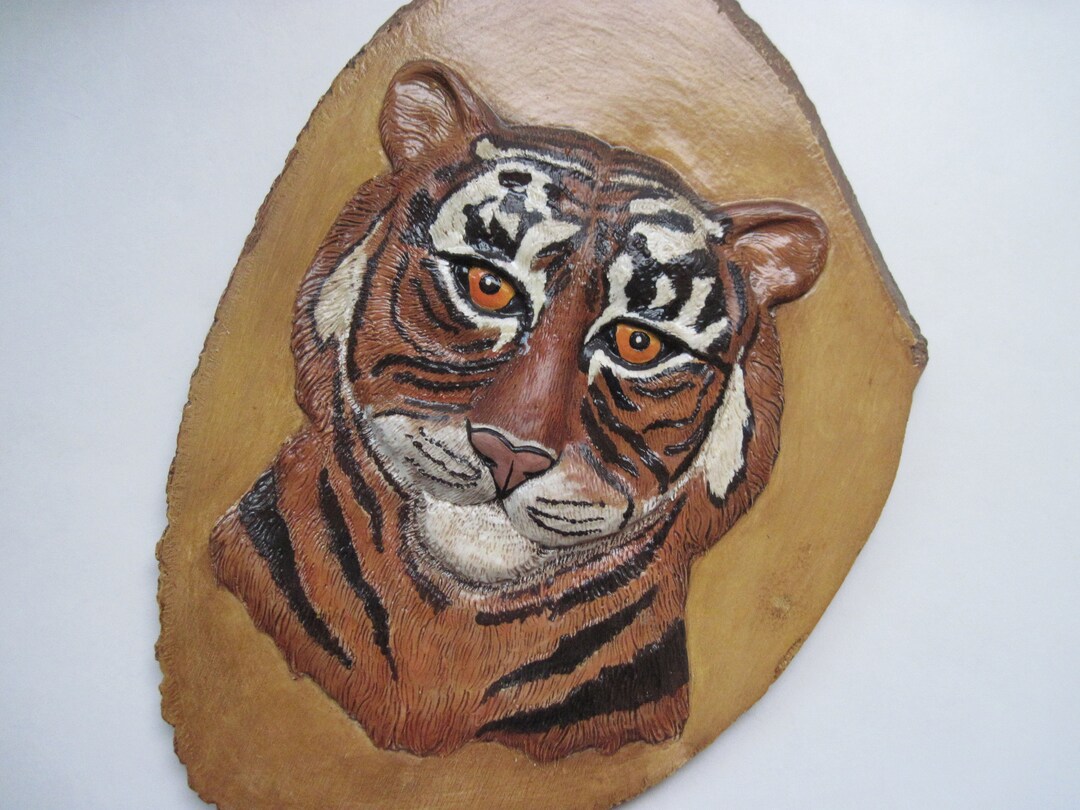 Vintage Chalk Ware Tiger Head on Faux Wood Plaque Wall Hanging - Etsy