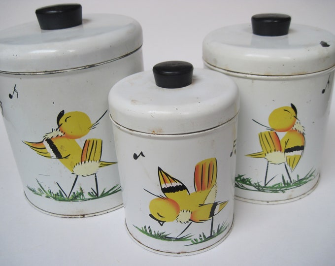 Vintage Ransburg Set of 3 Hand Painted Singing Yellow Bird Tin ...
