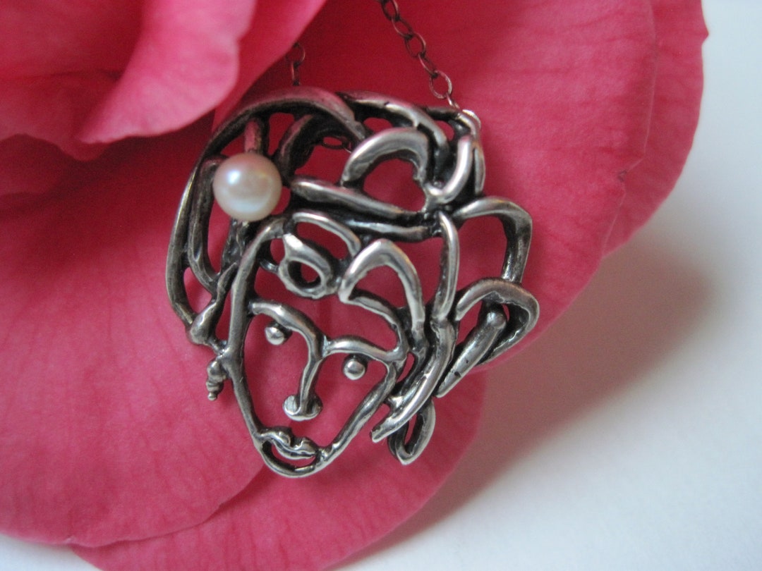 Vintage Silver Face Necklace With Pearl Accent - Etsy