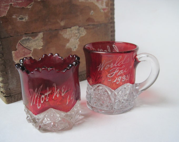 Vintage Pair of Ruby Flash Glass Souvenirs Worlds Fair 1934 and Mother ...