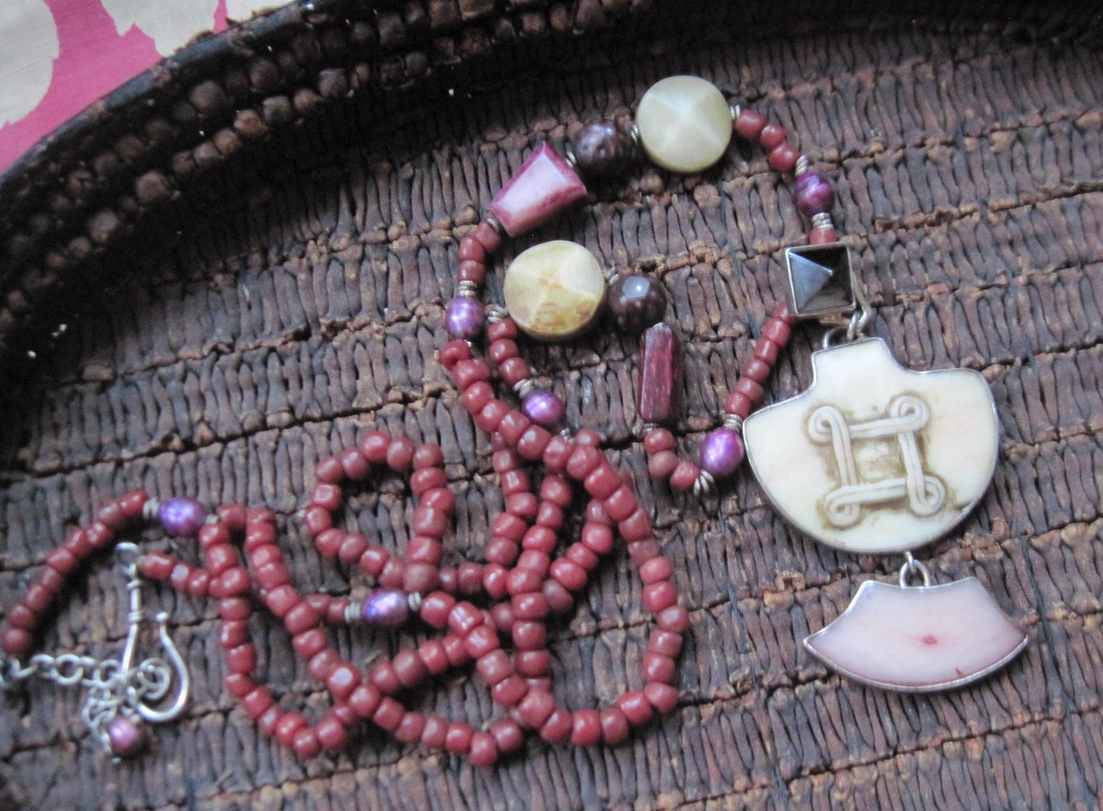 Vintage Designer Janice Lee Ripley Bone Pendant Beaded and Sterling ...