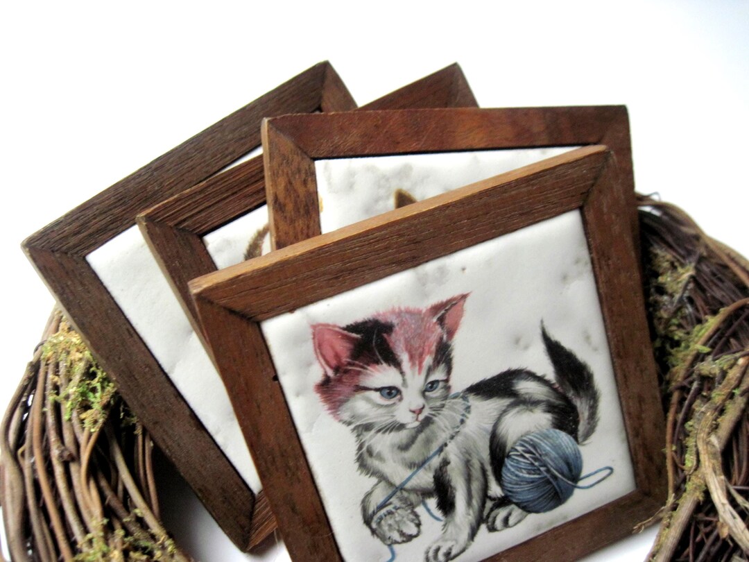 Vintage Set of 4 Wood Framed Cat Tiles Coasters or Wall Hangings - Etsy