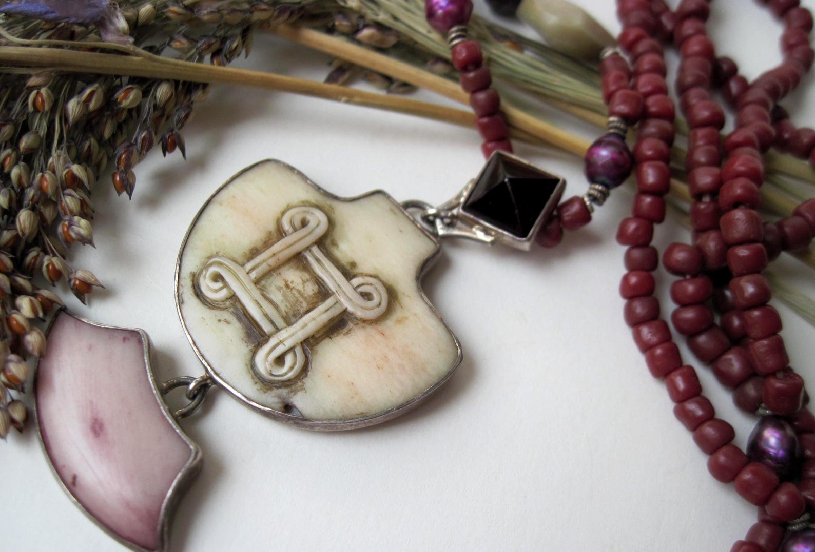 Vintage Designer Janice Lee Ripley Bone Pendant Beaded and Sterling ...
