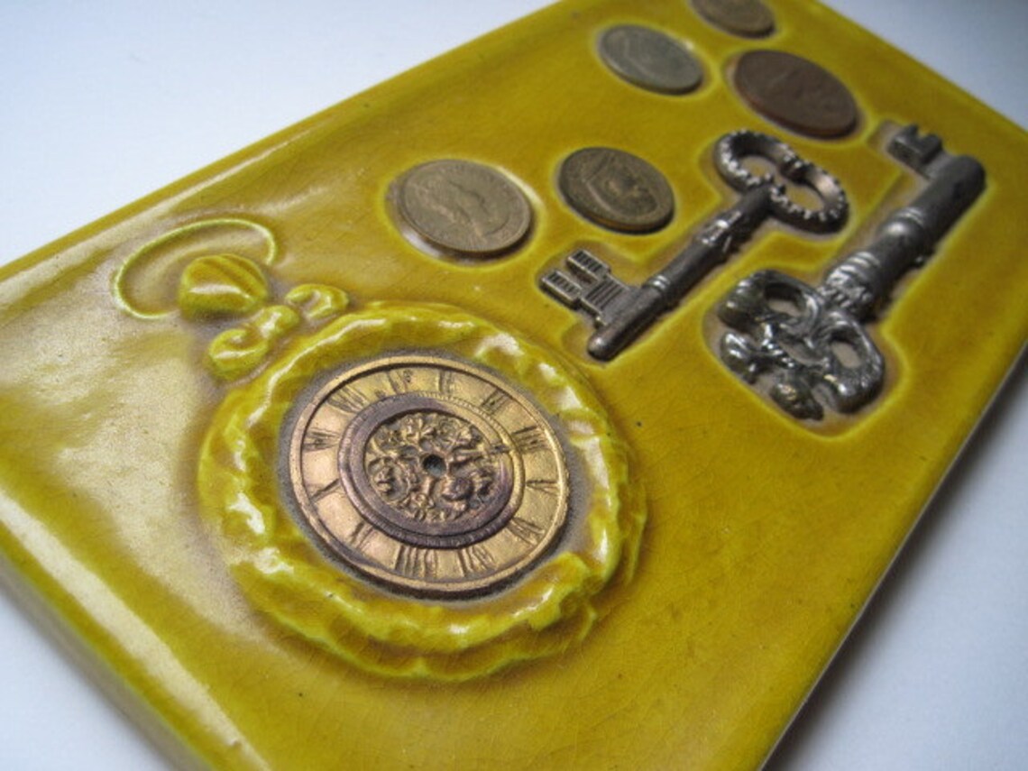 Vintage Ceramic Collage Assemblage Art Tile With Keys and | Etsy