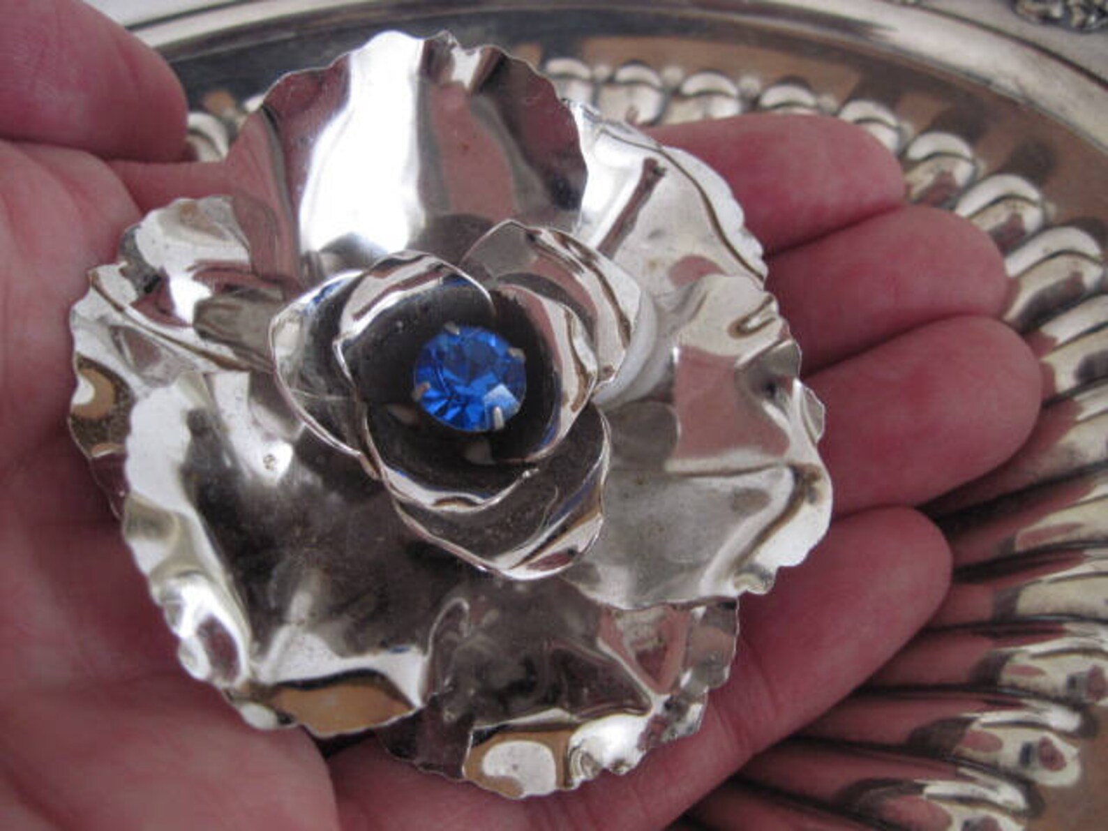 Vintage Large Silver Tone Rose Flower With Blue Rhinestone - Etsy