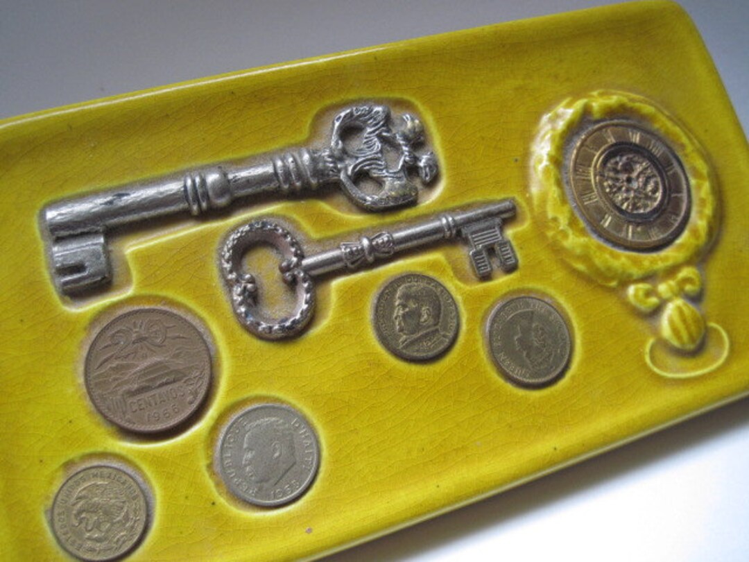 Vintage Ceramic Collage Assemblage Art Tile With Keys and Coins - Etsy