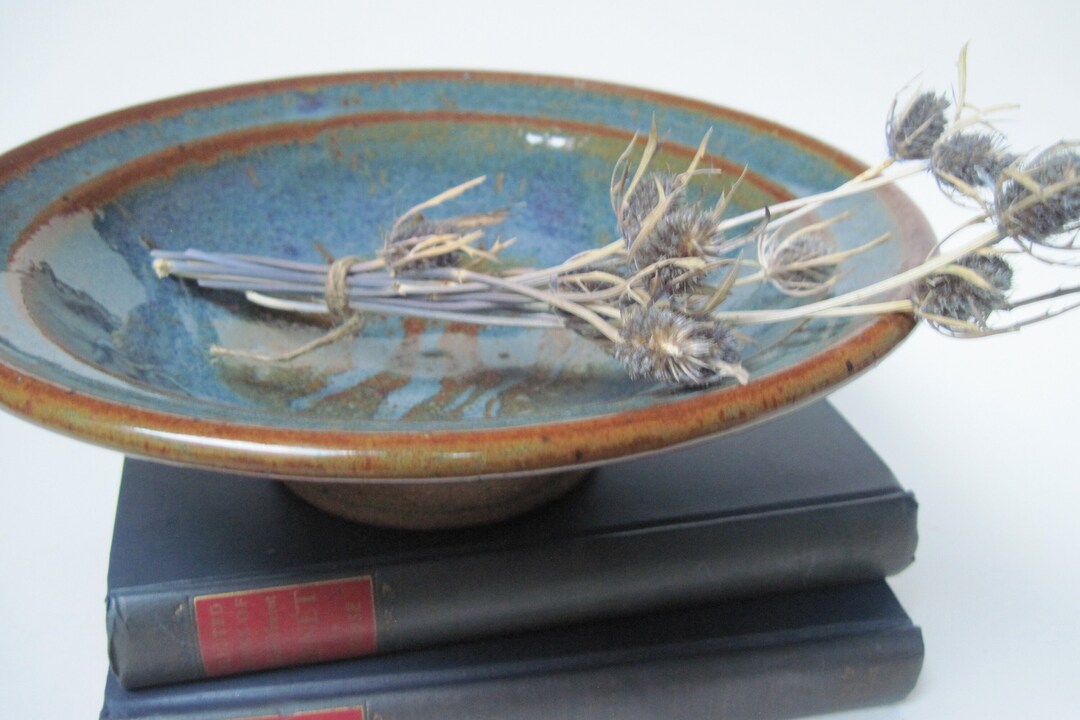 Vintage Artisan Signed Blue Glazed Low Profile Pedestal Pottery Bowl - Etsy
