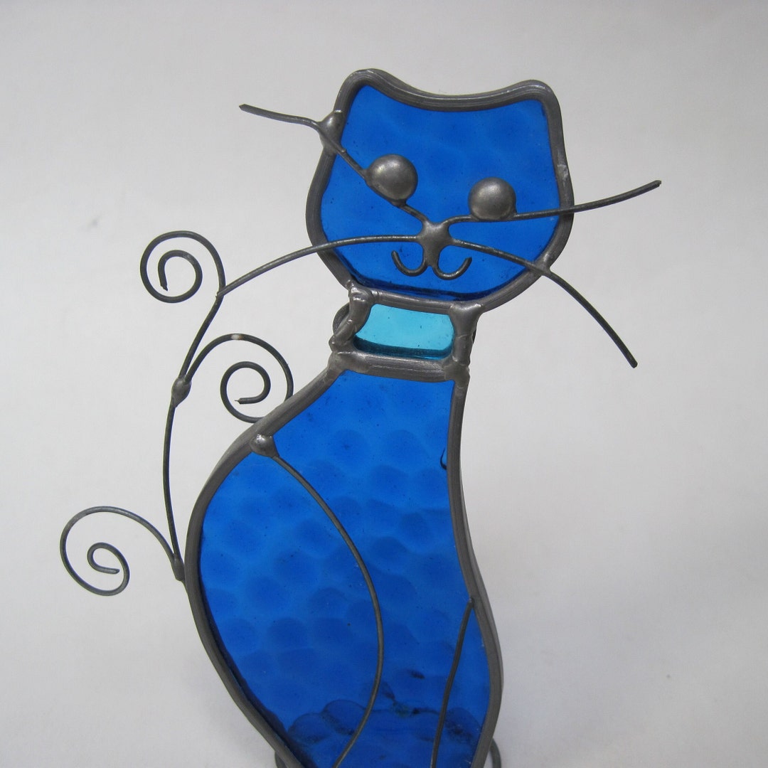 Vintage Cobalt Blue Stained Glass Cat Etsy