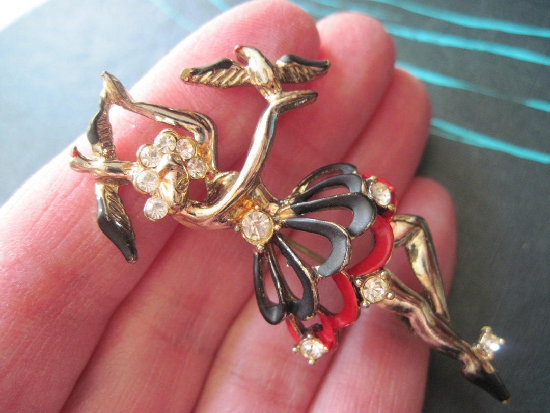 Vintage Dancer Holding Birds With Rhinestones Brooch - Etsy