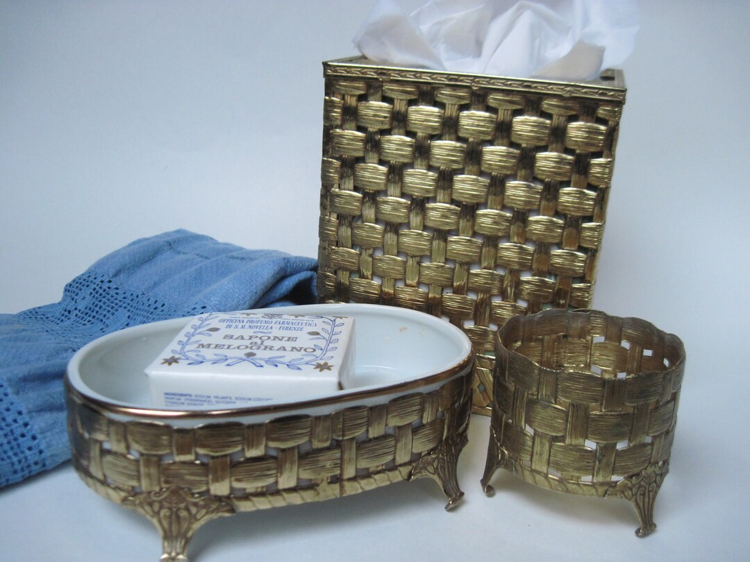 Vintage Stylebuilt Gold Basketweave Bath Set Inlcuded Soapdish, Tissue ...