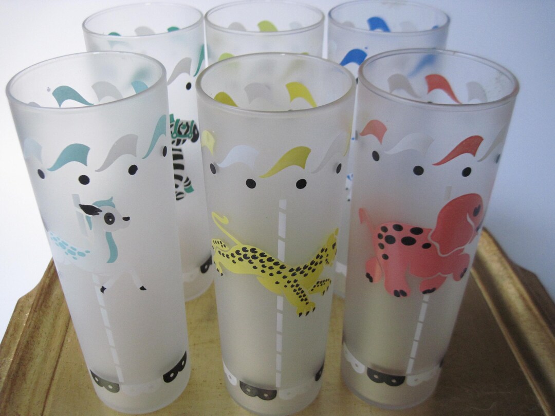 Vintage Set of 6 Libby Frosted Carousel Circus Animal Glasses - Etsy