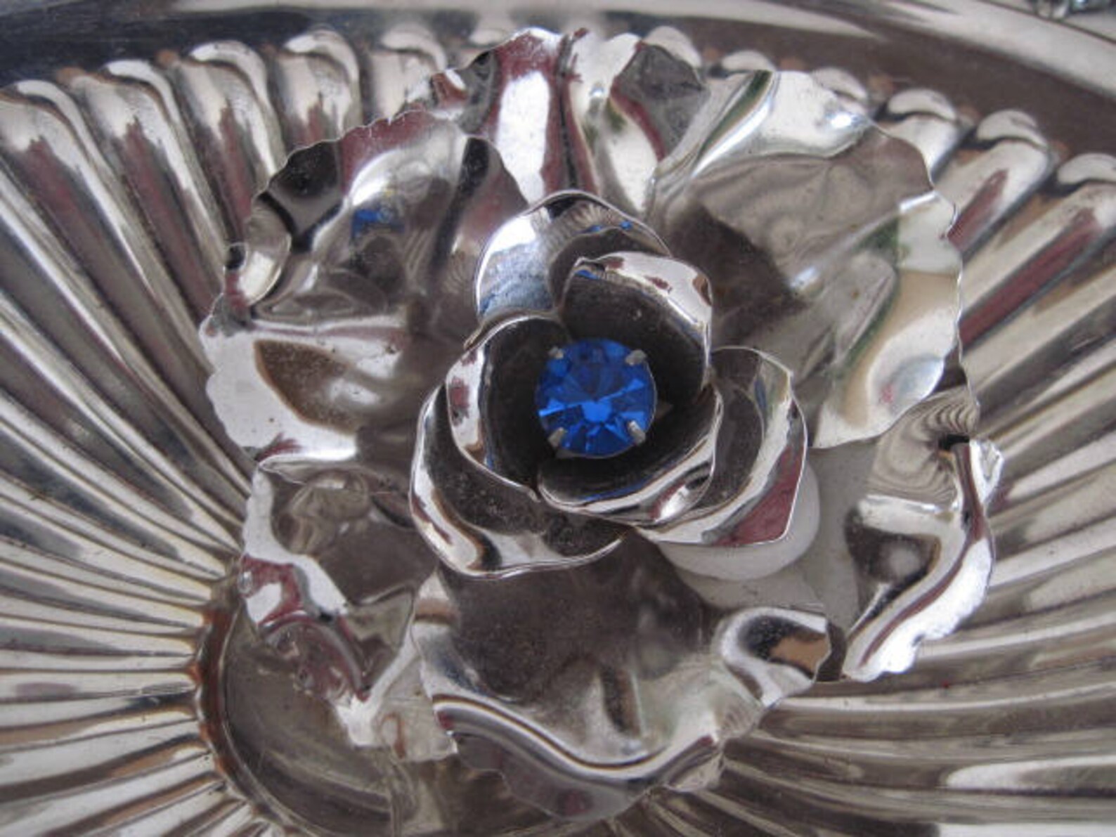 Vintage Large Silver Tone Rose Flower With Blue Rhinestone - Etsy