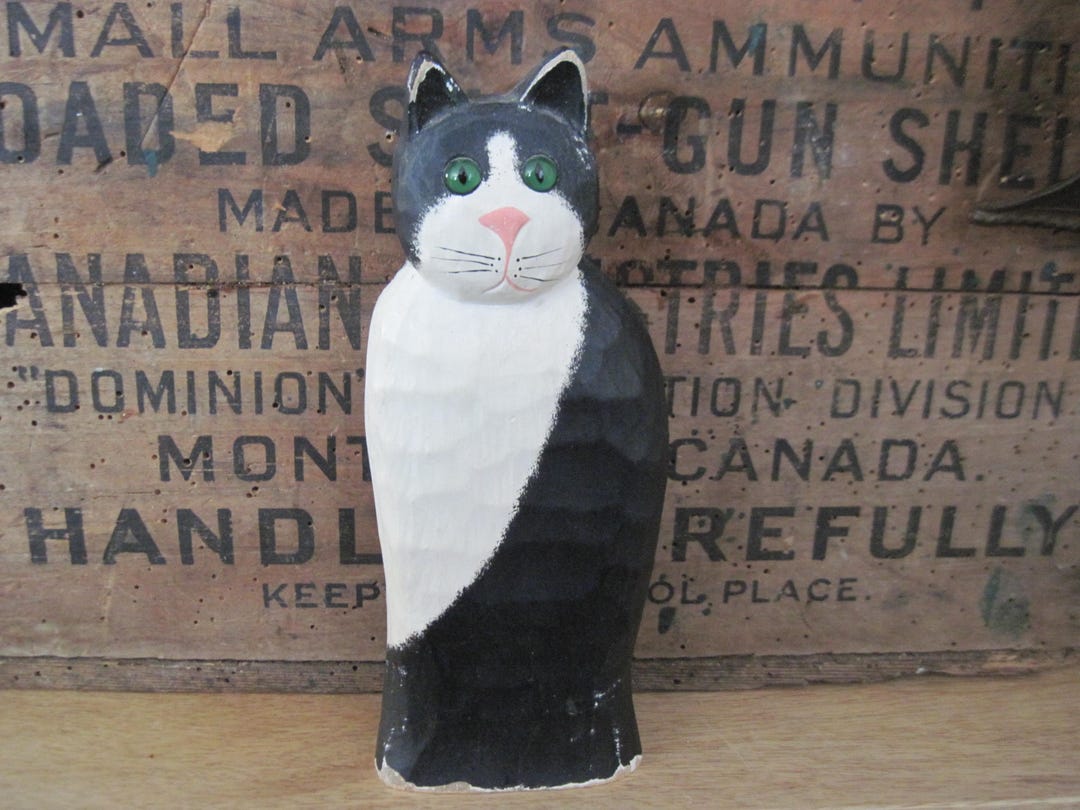 Vintage Signed James Haddon Wood Carved Folk Art Black and White Cat - Etsy