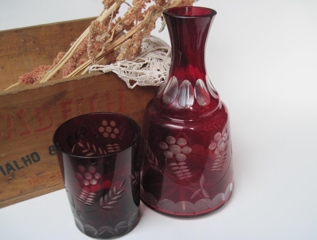 Vintage Romanian Ruby Red Cut to Clear Glass Bedside Carafe Set - Etsy