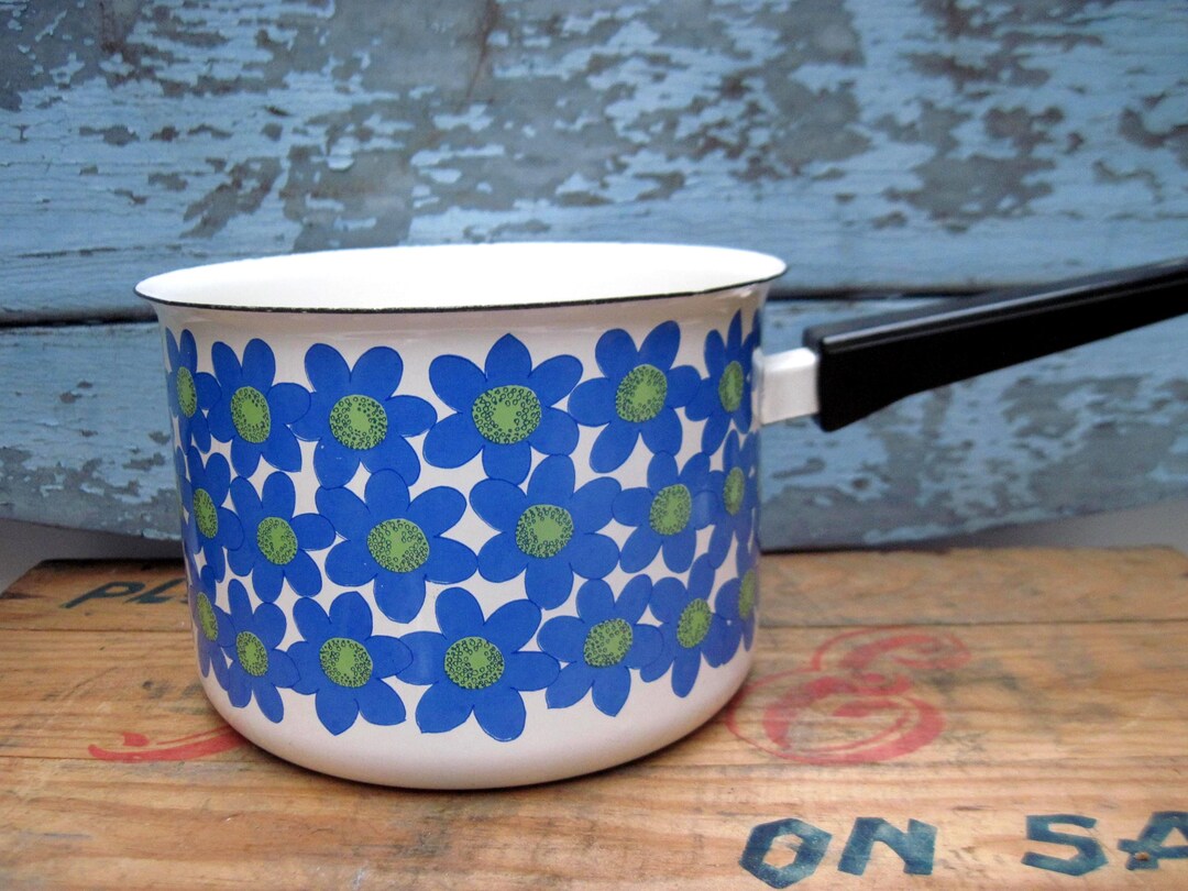 Vintage Finel Enamel Handled Pot With Blue Anemone Flowers Finland - Etsy