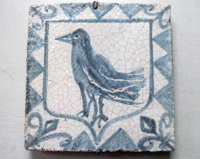 Vintage Large Rustic Hand Painted Tile With Bird in Crest - Etsy