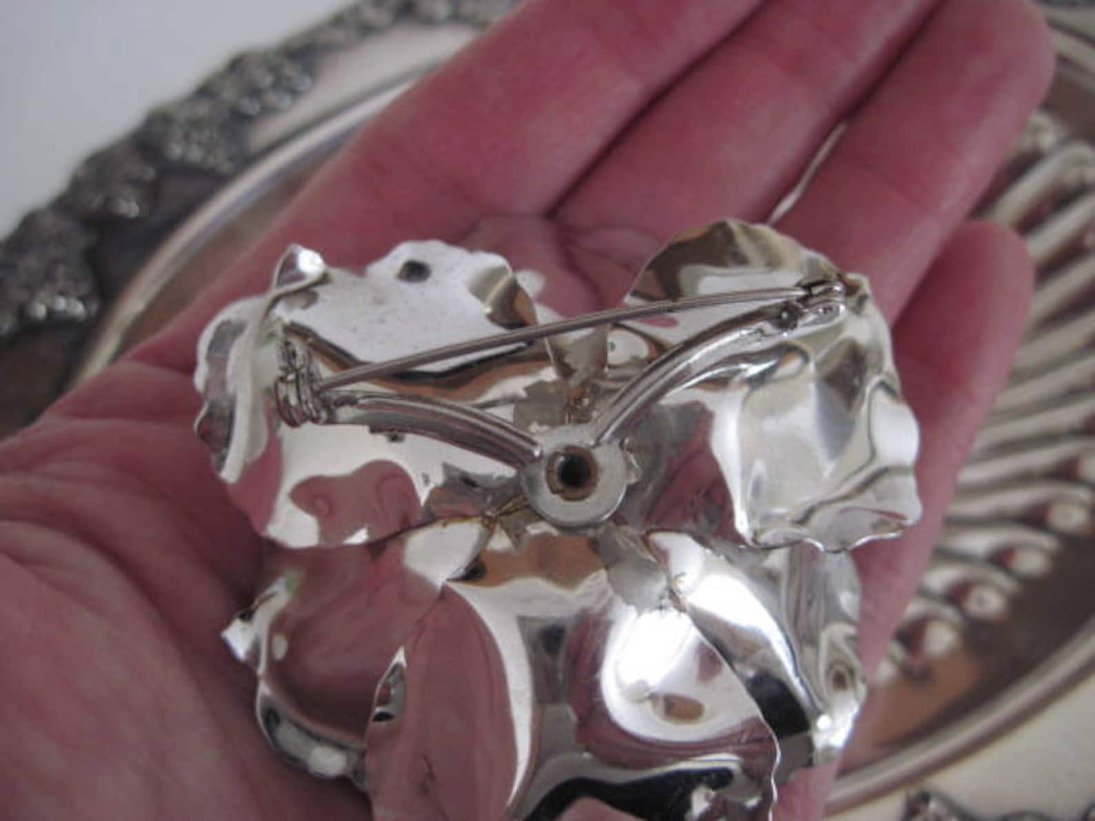 Vintage Large Silver Tone Rose Flower With Blue Rhinestone - Etsy