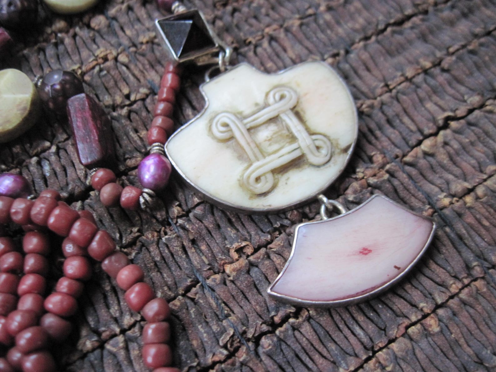 Vintage Designer Janice Lee Ripley Bone Pendant Beaded and Sterling ...