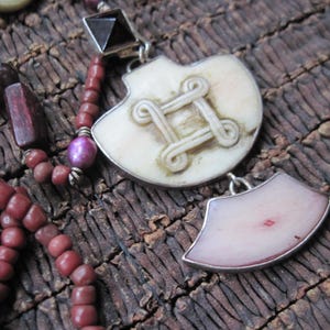Vintage Designer Janice Lee Ripley Bone Pendant Beaded and Sterling ...