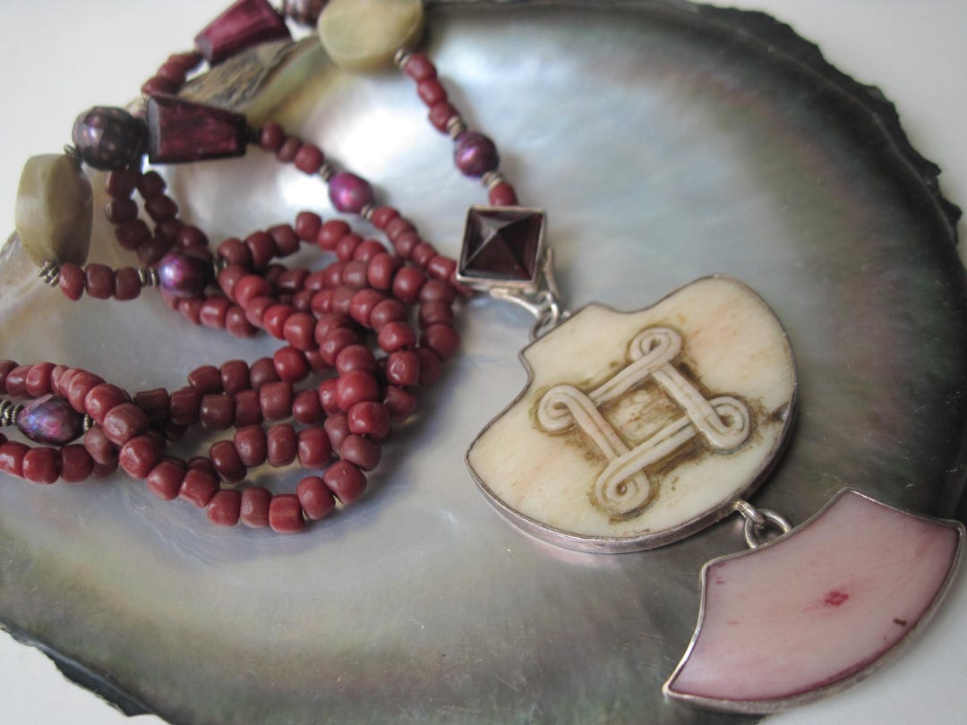 Vintage Designer Janice Lee Ripley Bone Pendant Beaded and Sterling ...