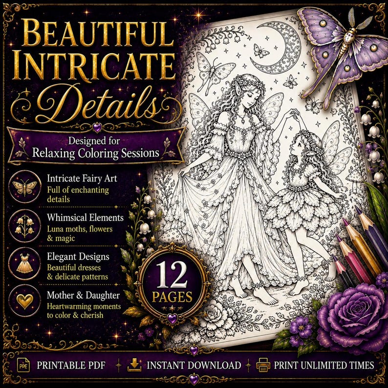 Fairy Mother Daughter Coloring Pages | Whimsical Fantasy Scenes (PDF ...