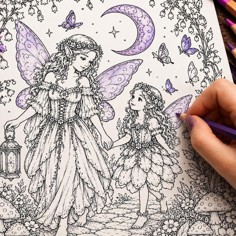 Fairy Mother Daughter Coloring Pages | Whimsical Fantasy Scenes (PDF ...