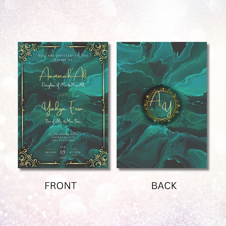Emerald Gold Nikah Invitation, Islamic Wedding Invite, Marble Muslim ...