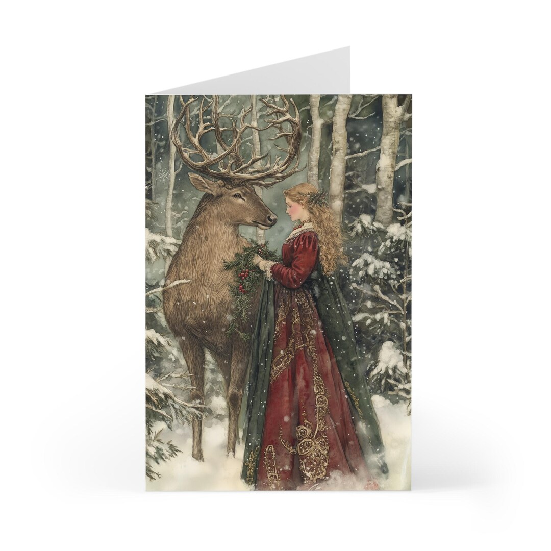 Fantasy Greeting Cards 7 Pcs Aristocratic Woman and Giant Deer Winter ...