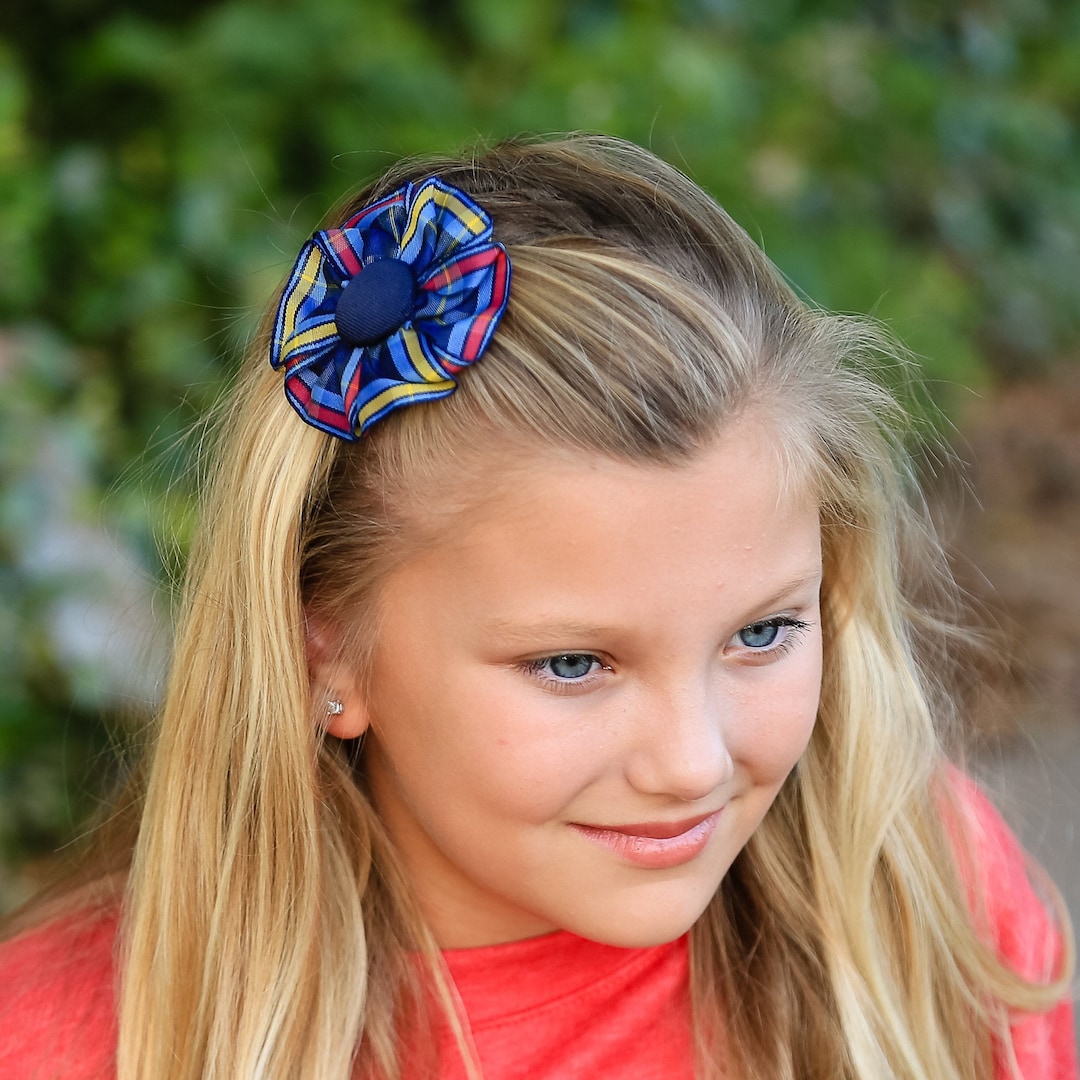Navy, Red & Yellow Plaid Ribbon Rosette Hair Clip - School Uniform Hair ...