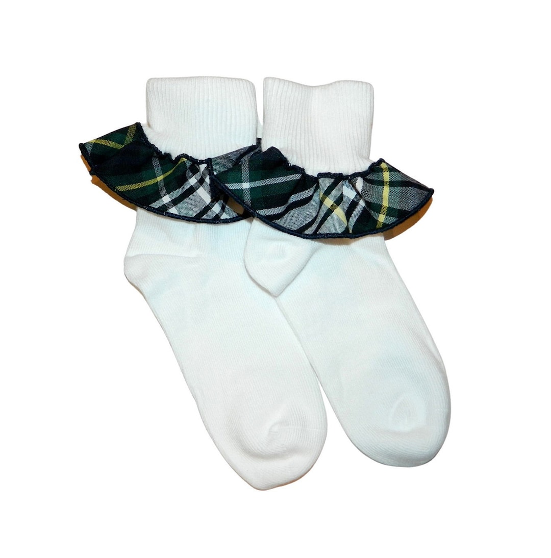 Navy, Forest, White & Yellow Plaid 35 Ruffle Ankle Socks - School Plaid ...