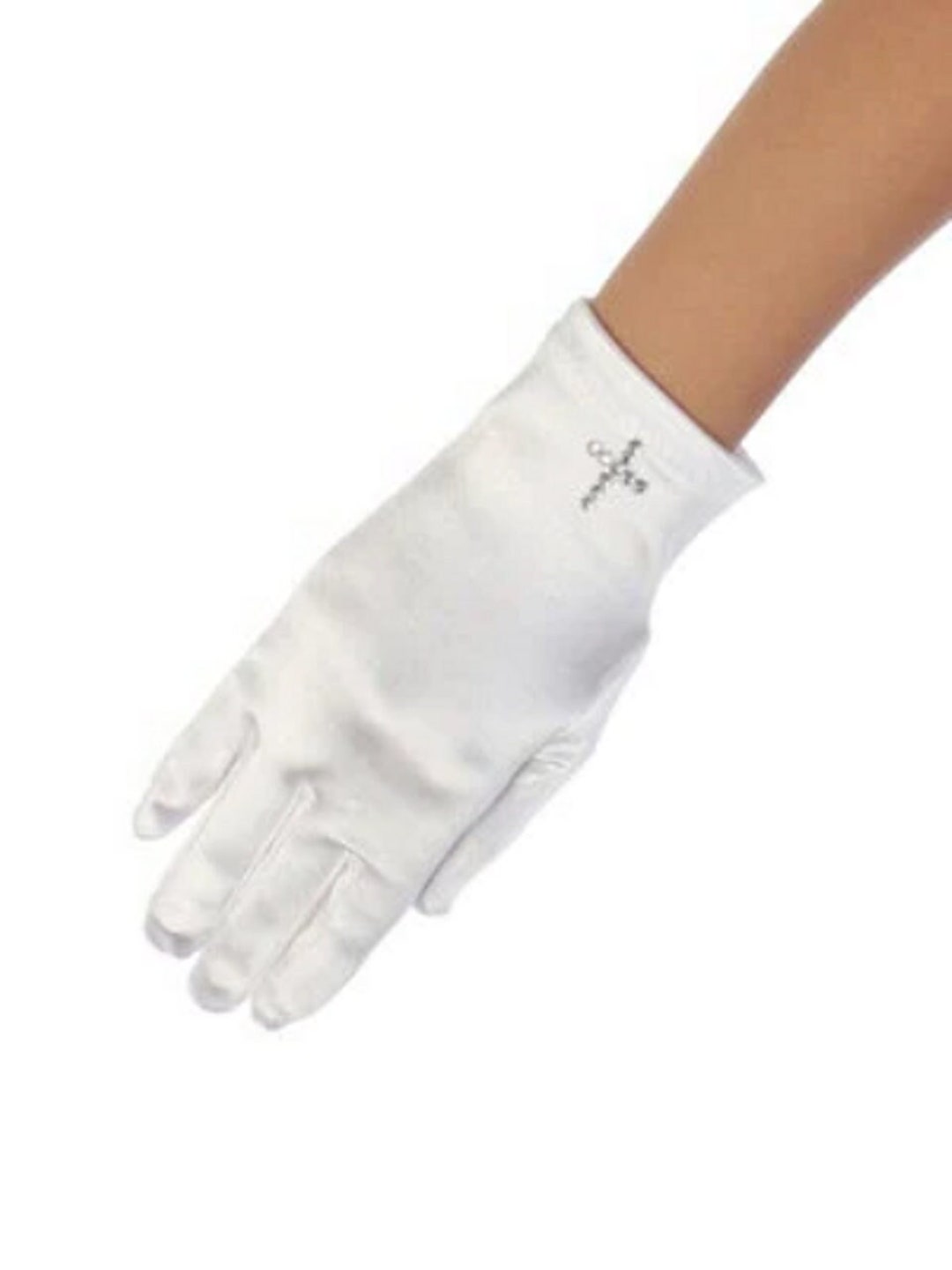 Girl's Rhinestone Cross White Satin Gloves Girl's Communion Gloves, 1st ...