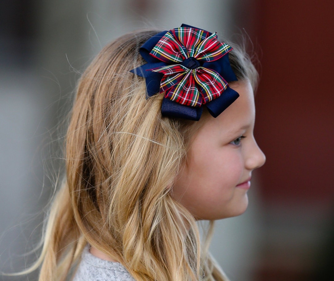 Navy & Red Plaid Large Double Pinwheel Hair Bow - School Uniform Hair ...