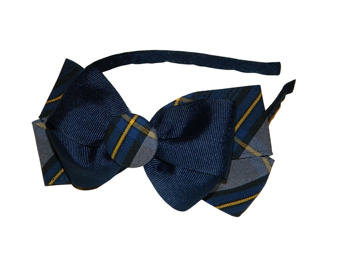 Gray, Navy & Gold Plaid 57 Double Bow Headband - School Plaid Headbands ...