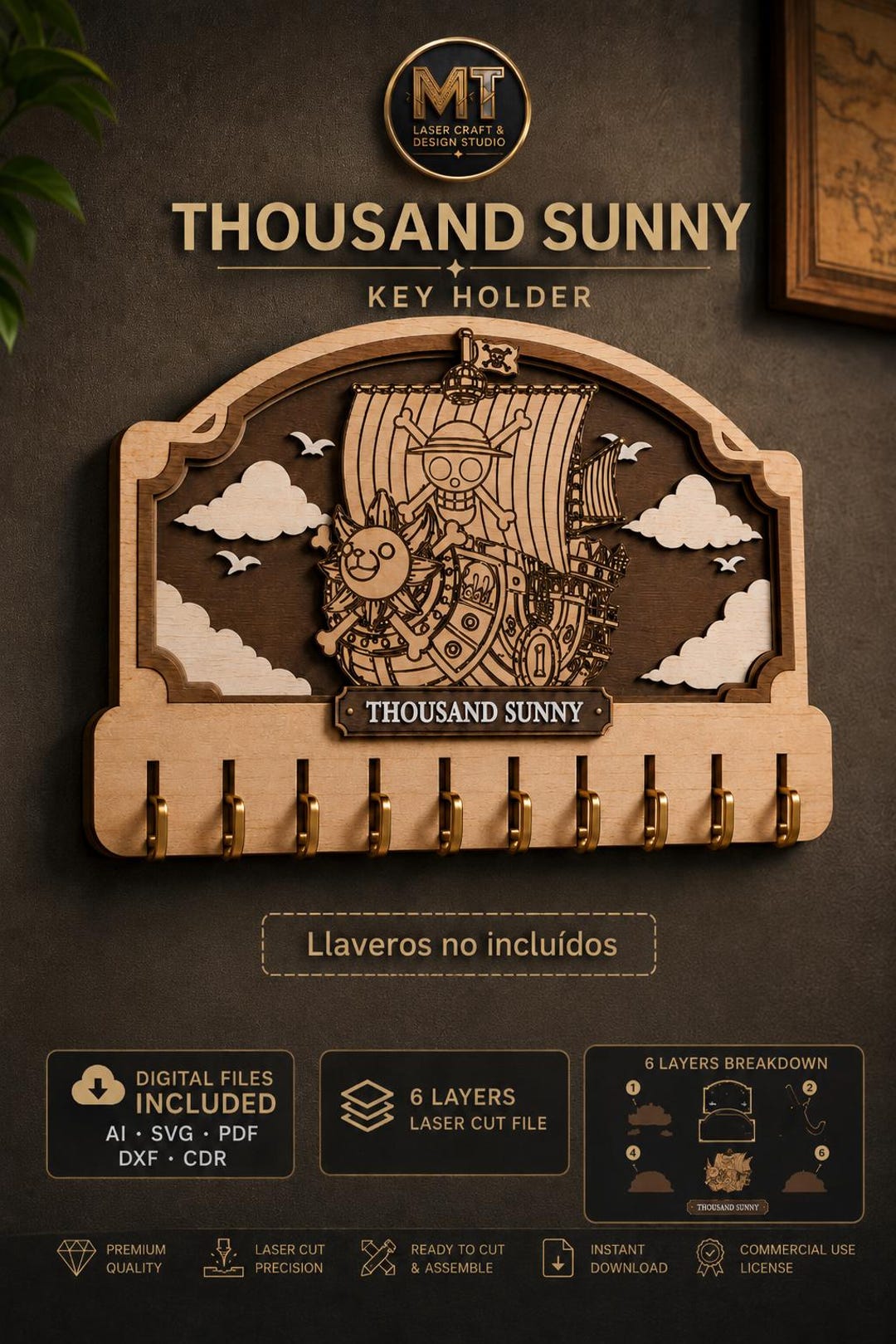 Thousand Sunny Key Holder Laser Cut File | One Piece Wall Decor SVG ...