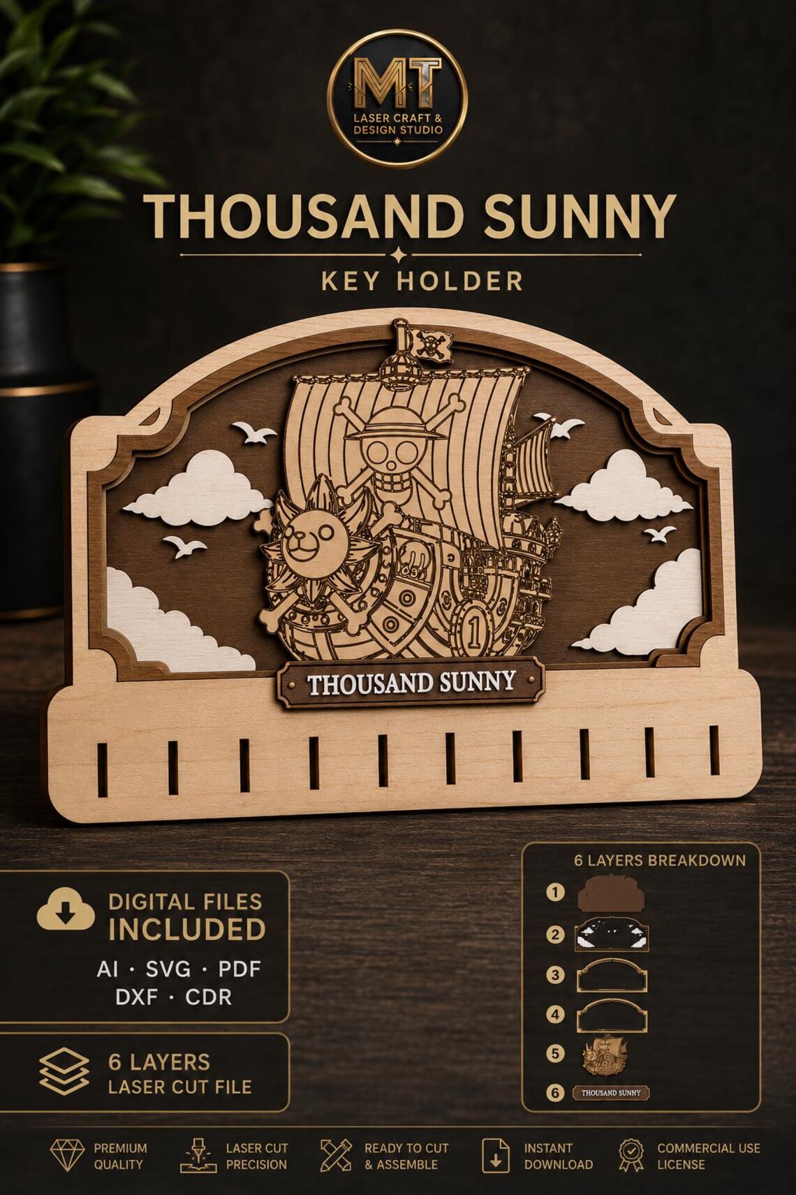 Thousand Sunny Key Holder Laser Cut File | One Piece Wall Decor SVG ...