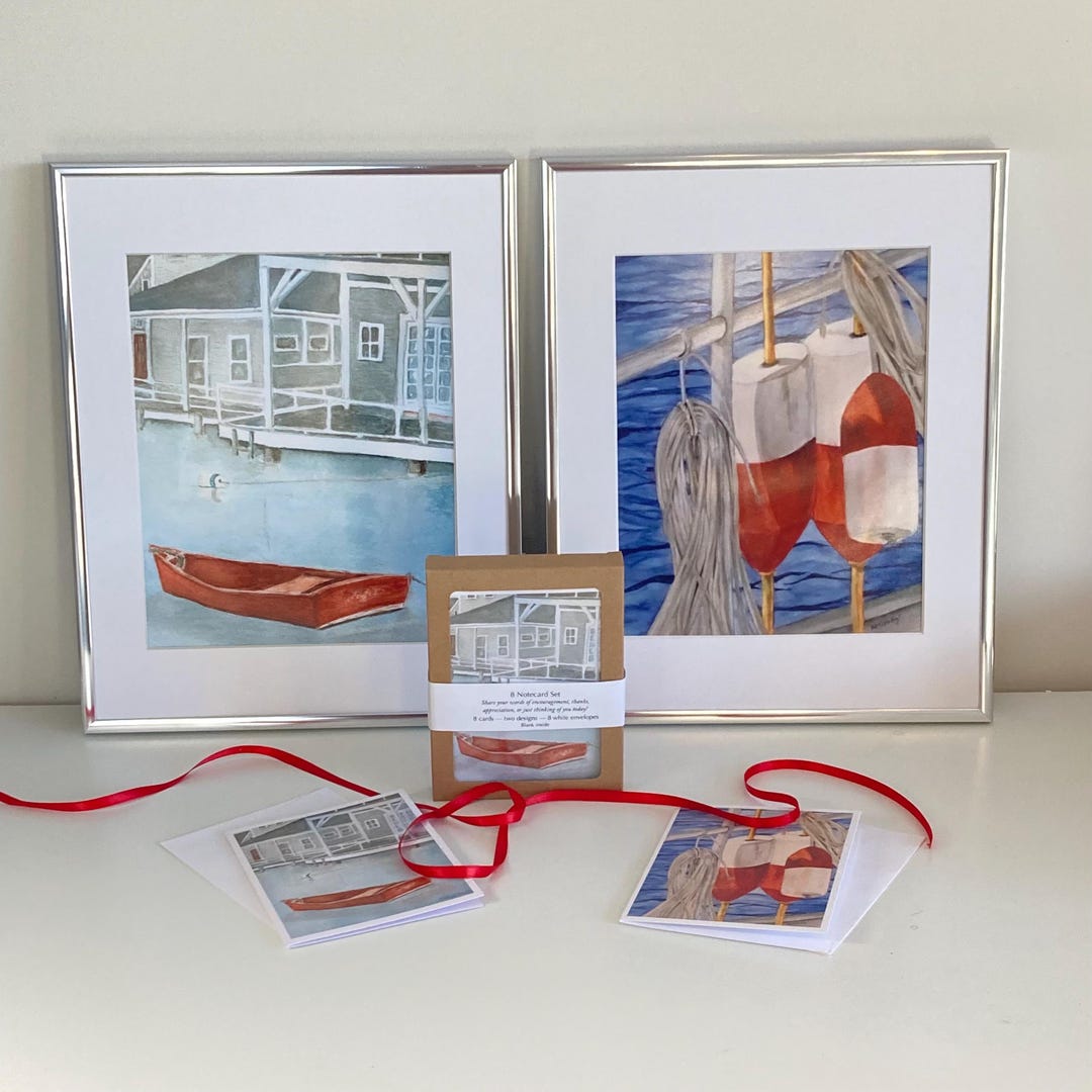 Nautical Watercolor Art Bundle: Cape Cod Buoys & Boat Prints, Notecard ...