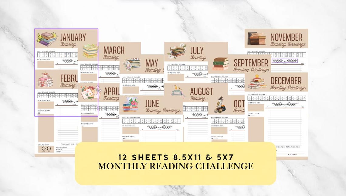 Monthly Reading Challenge Tracker, Printable PDF (8.5x11, 5x7) - Etsy