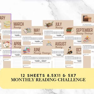 Monthly Reading Challenge Printable PDF Sheets 2 Sizes 8.5x11 5x7 ...