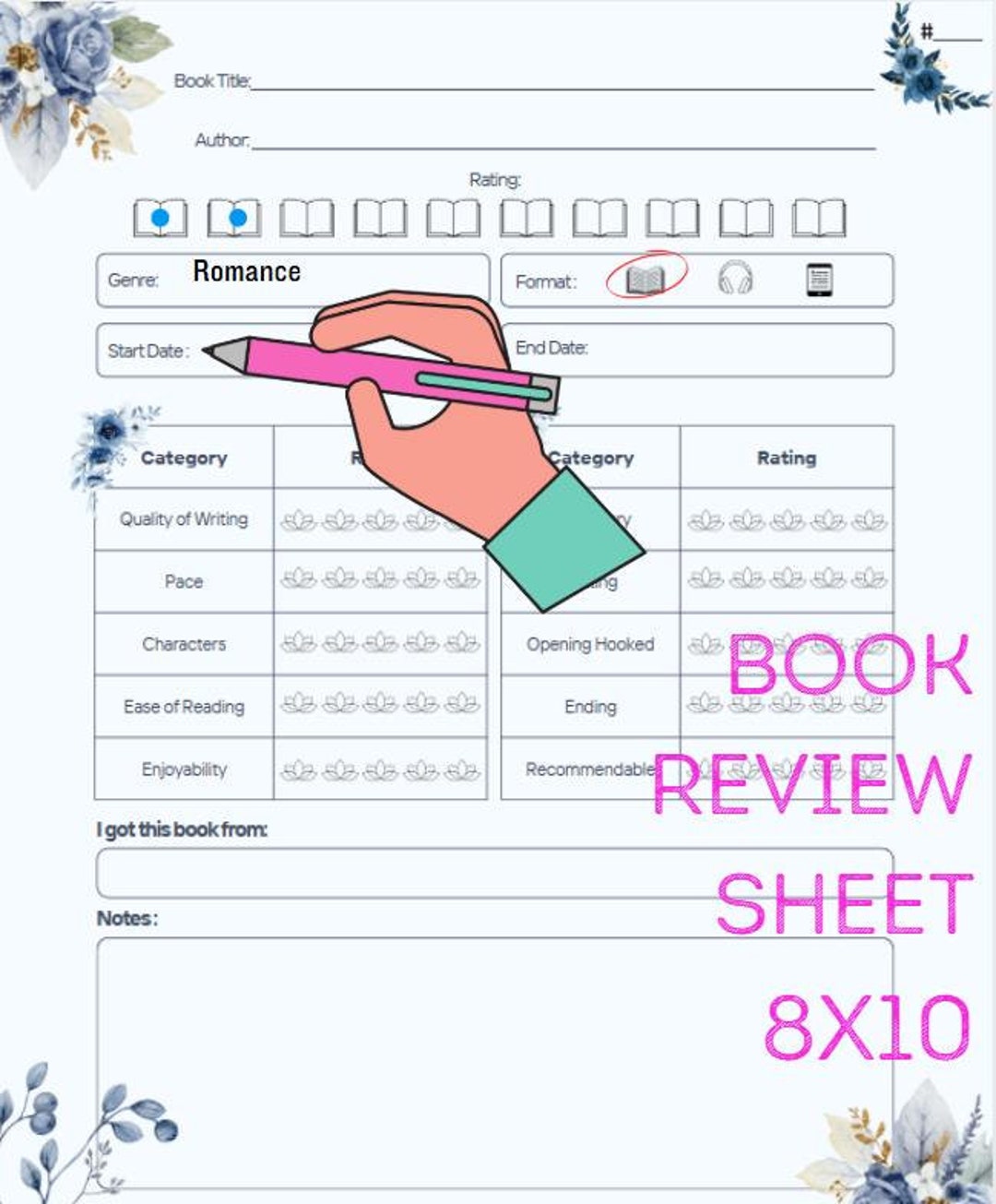 Book Review Sheet 8x11 Printable Download - Book Nerd Blue Flowers Book ...